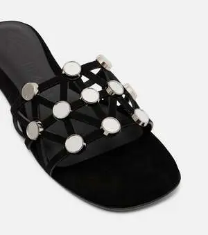 Attico Grid Embellished Suede Flat Sandals - Black