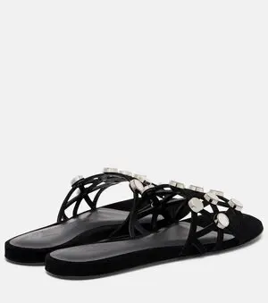 Attico Grid Embellished Suede Flat Sandals - Black