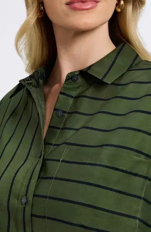 Foxcroft Marina Stripe Cotton Button-up Shirt - Basil Green/black