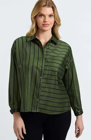 Foxcroft Marina Stripe Cotton Button-up Shirt - Basil Green/black