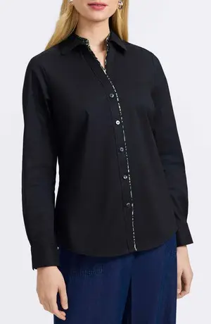 Foxcroft Cotton-blend Button-up Shirt With Leopard Trim - Black