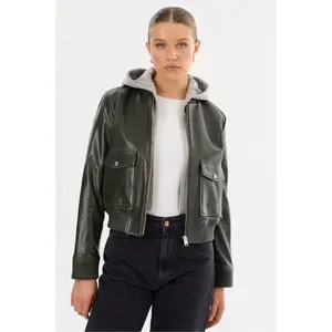 LAMARQUE Candace Leather Bomber Jacket - Dark Olive/heather Grey