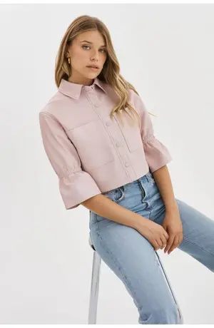 LAMARQUE CAROLINA Leather Ruffle Sleeve Jacket Rose