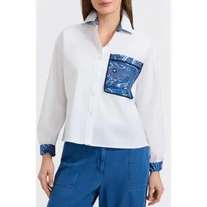 Foxcroft Contrast Trim Cotton Button-up Shirt - White/ Multi