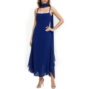 Badgley Mischka Asymmetric Chiffon Slipdress With Scarf - Navy