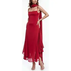 Badgley Mischka Asymmetric Chiffon Slipdress With Scarf - Red