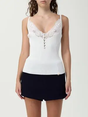 SELF-PORTRAIT Lace Trimmed Ribbed Tank Top - White