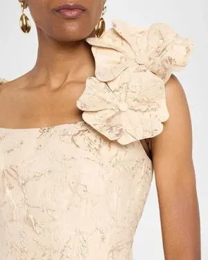 Rickie Freeman For Teri Jon Floral Appliqué Metallic Jacquard Dress - Gold