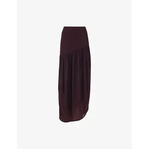 LEEM Gathered-pleat Asymmetric-hem Woven Midi Skirt