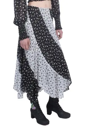 Anna Sui Ditsy Dot Chiffon Contrast Flowy Skirt