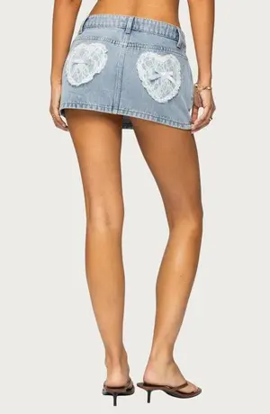 EDIKTED Lace Hearts Denim Miniskirt