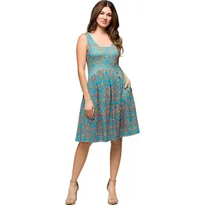 24SEVEN COMFORT APPAREL Sleeveless Pleated Knee Length Maternity Dress - Blue Multi