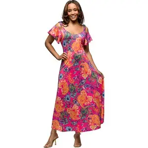 24SEVEN COMFORT APPAREL Paisley Cold Shoulder Ruffle Sleeve A-line Maternity Maxi Dress - Pink Multi