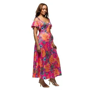 24SEVEN COMFORT APPAREL Paisley Cold Shoulder Ruffle Sleeve A-line Maternity Maxi Dress - Pink Multi