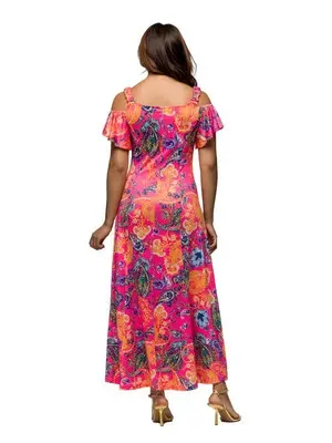 24SEVEN COMFORT APPAREL Paisley Cold Shoulder Ruffle Sleeve A-line Maternity Maxi Dress - Pink Multi