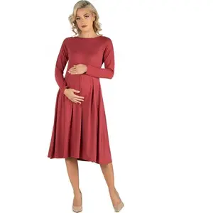 24SEVEN COMFORT APPAREL Maternity Midi Length Fit And Flare Dress - Brick