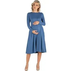 24SEVEN COMFORT APPAREL Maternity Midi Length Fit And Flare Dress - Indigo