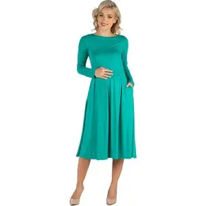 24SEVEN COMFORT APPAREL Maternity Midi Length Fit And Flare Dress - Jade