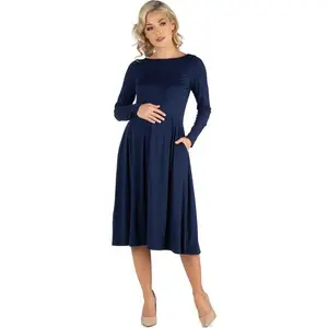 24SEVEN COMFORT APPAREL Maternity Midi Length Fit And Flare Dress - Navy