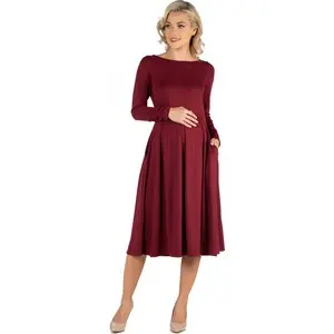 24SEVEN COMFORT APPAREL Maternity Midi Length Fit And Flare Dress - Wine