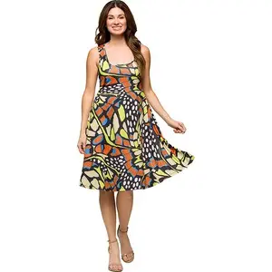 24SEVEN COMFORT APPAREL Sleeveless Butterfly Print Tank Swing Dress - Orange Multi