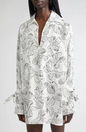 Max Mara Sansa Bow Print Long Sleeve Cotton Poplin Minidress