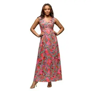 24SEVEN COMFORT APPAREL Paisley Print V-neck Empire Waist Sleeveless Maxi Dress - Pink Multi