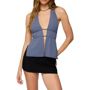 EDIKTED Split Front Halter Top - Blue