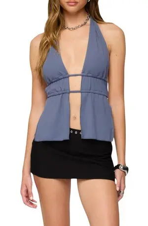 EDIKTED Split Front Halter Top - Blue