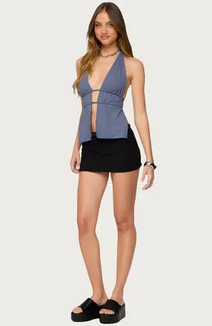 EDIKTED Split Front Halter Top - Blue