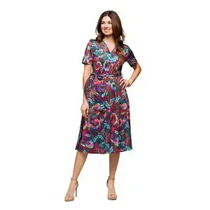 24SEVEN COMFORT APPAREL Maternity Midi Dress With Tie Waist - Brown Multi