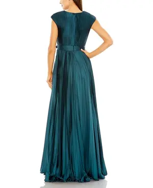 Mac Duggal Pleated Plunge Neck Belted Satin Gown - Midnight