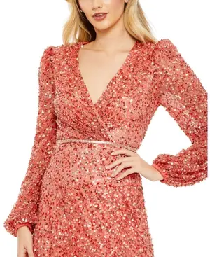 Mac Duggal A-line Wrap Dress With Puff Sleeves