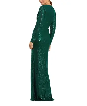 Mac Duggal Sequined Long Sleeve Side Knot Gown - Emerald