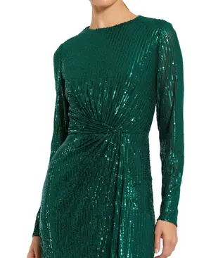 Mac Duggal Sequined Long Sleeve Side Knot Gown - Emerald