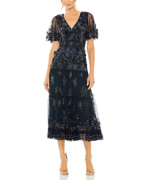 Mac Duggal Floral Embellished Flutter Sleeve Tiered Gown - Midnight