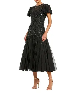 Mac Duggal Flutter Sleeve Embellished Tea Length Dress