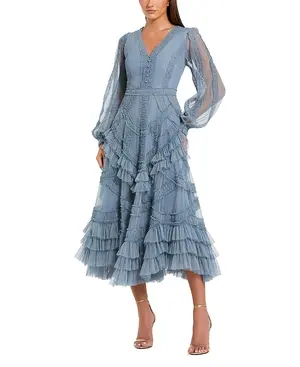 Mac Duggal Long Sleeve V-neck Micro Ruffle Midi Dress