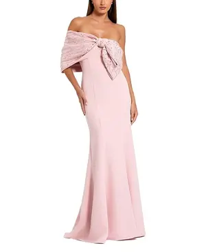 Mac Duggal Off-the-shoulder Satin Mermaid Gown With Beaded Bow Detail - Blush