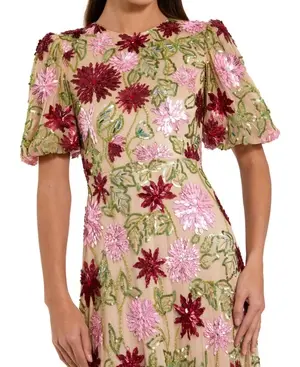 Mac Duggal Floral Embroidered Mesh Gown With Statement Sleeves