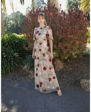 Mac Duggal Floral Embroidered Mesh Gown With Statement Sleeves