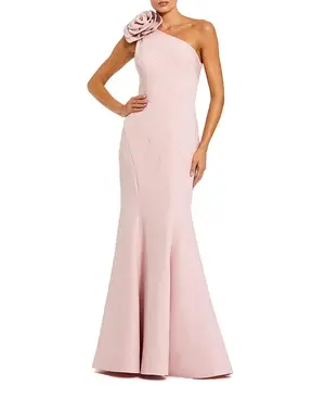 Mac Duggal Crepe One-shoulder Mermaid Gown With 3d Flower - Blush
