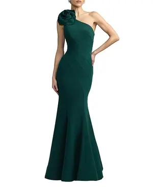 Mac Duggal Crepe One-shoulder Mermaid Gown With 3d Flower - Emerald