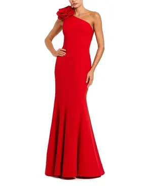 Mac Duggal Crepe One-shoulder Mermaid Gown With 3d Flower - Red