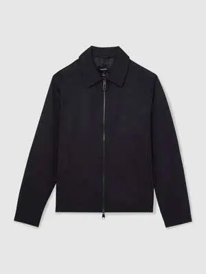 REISS Lyocell-cotton Twill Zip-through Jacket - Navy