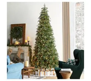 GLITZHOME 9' Led Pre-lit Green Fir Slim Faux Ch Ristmas Tree - One-color