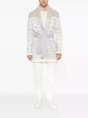 Eleventy Patterned Jacquard Belted Cardigan