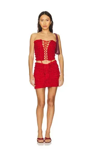 AMOR MIA Ruffled Lace-up Top - Red