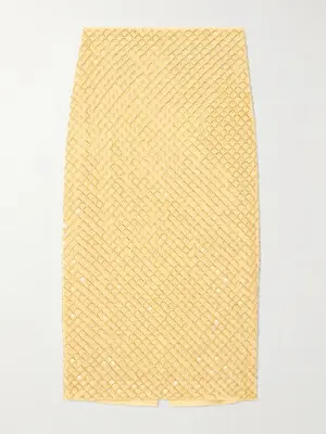 Veronica Beard Allora Embellished Crepe De Chine Midi Skirt Yellow