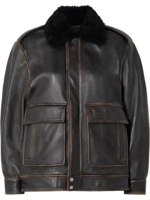 Nour Hammour Drey Distressed Shearling-Trimmed Leather Jacket Black